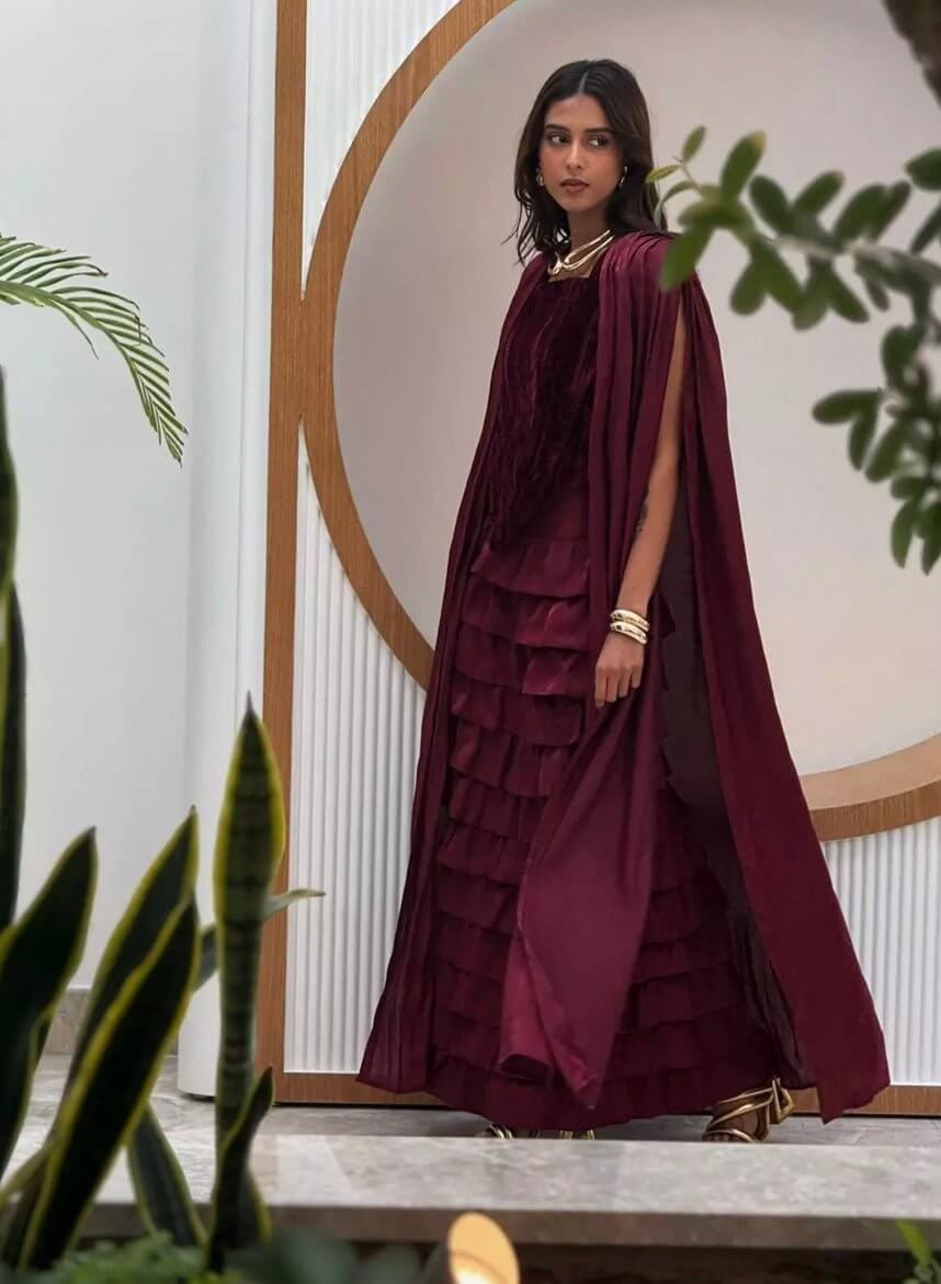 Burgundy Corset Daraa for Women – Elegant Layered Gown | RE-NEW Kuwait